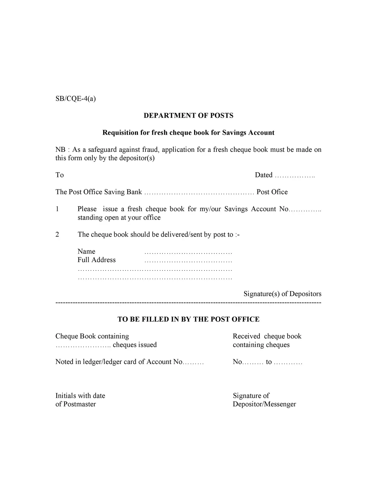 Post Office Fresh Cheque Book Application Form PDF InstaPDF