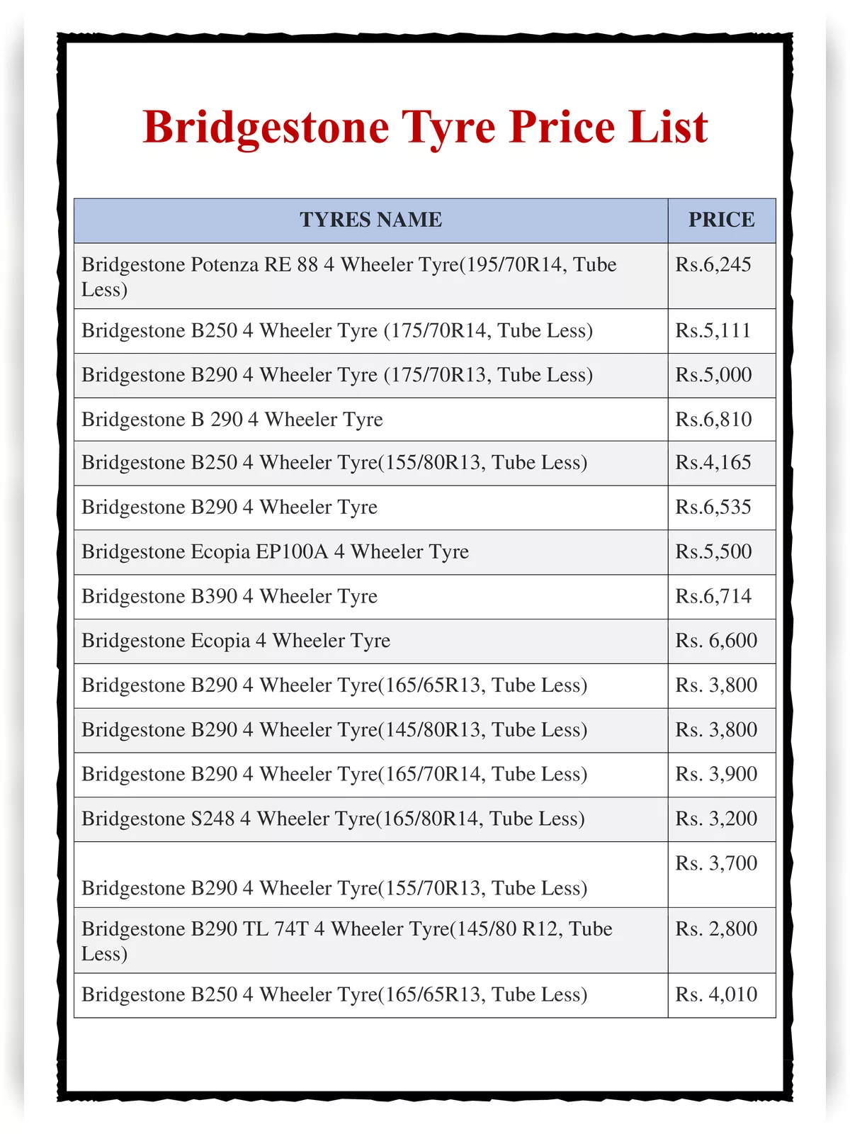 Bridgestone Tyre Price List 2025 PDF InstaPDF Bridgestone Tyre Price List 2025 PDF InstaPDF